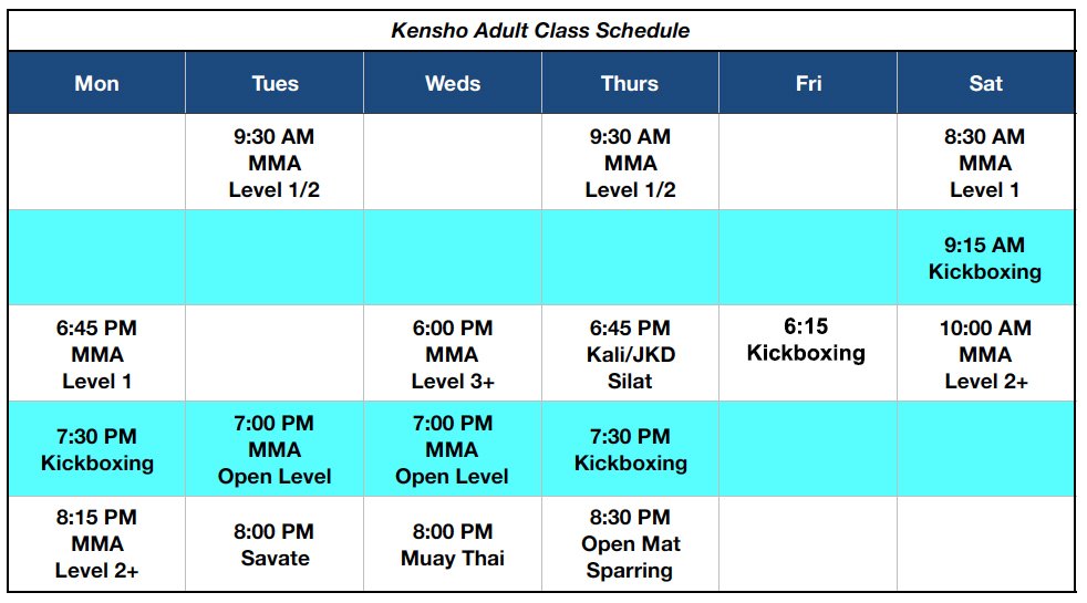 Class Schedule Kensho Martial Arts